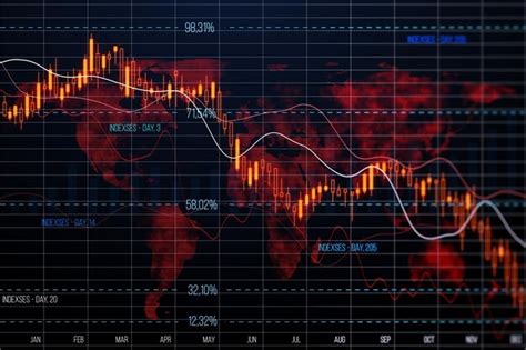 지표 3d 렌더링을 사용하여 세계 지도의 어두운 배경에 빨간색 금융 차트 촛대 및 다이어그램이 떨어지는 경제 위기 및 외환 시장 충돌 개념 프리미엄 사진