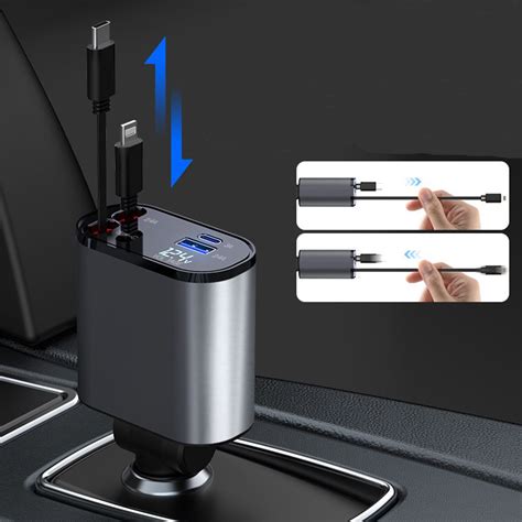 Retractable Car Charger Fast Car Phone Charger W Compatible With Type C And Iphone