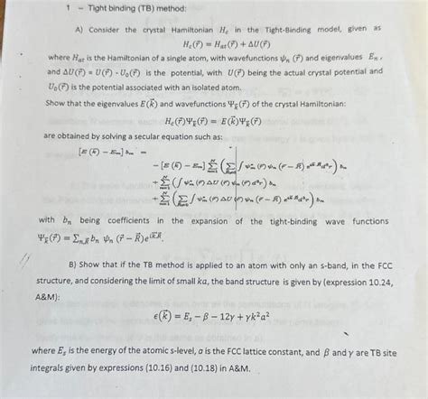 Solved 1 Tight Binding Tb Method A Consider The