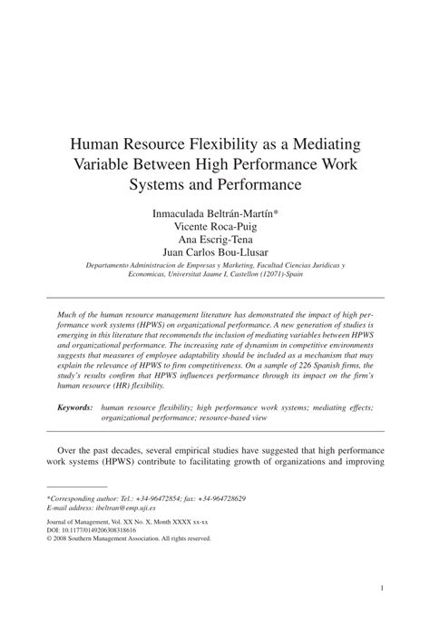Pdf Human Resource Flexibility As A Mediating Variable Between High Performance Work Systems