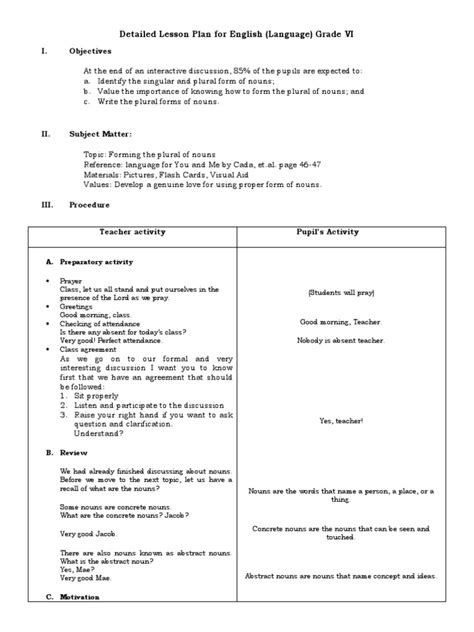 Detailed Lesson Plan English For Grade 6 Pdf