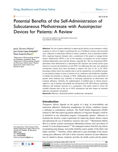 Pdf Potential Benefits Of The Self Administration Of Subcutaneous Methotrexate With