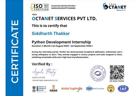 Siddharth Thakkar On Linkedin Python Internship Learning Octanet