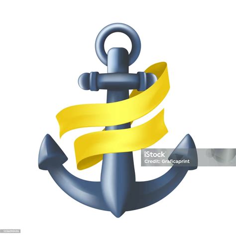 노란 리본이 감싼 앤티크 블루 메탈 해상 앵커 해상 고대 상징 흰색 배경에 격리 된 선박 계류 장치 또는 무거운 선박 속성의