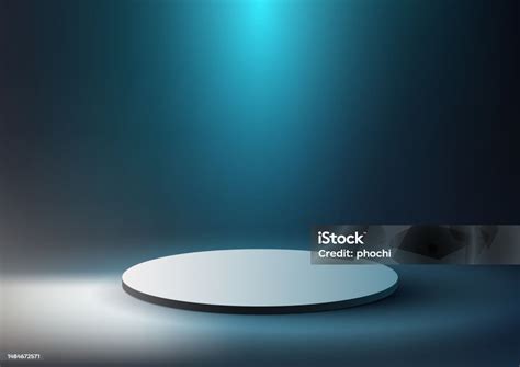 파란색 조명이 있는 어두운 배경에 3d 사실적인 빈 흰색 연단 플랫폼이 표시됩니다 제품 디스플레이 프레젠테이션 모형 미용 화장품