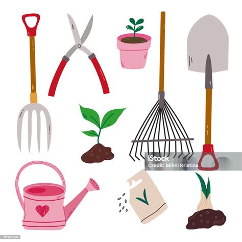 정원 도구 및 식물 수집 원예 또는 원예 개념 스크랩북 인사말 카드 파티 초대장 포스터 태그 스티커 키트에 적합합니다 벡터 일러스트 레이 션입니다 가구에 대한 스톡 벡터