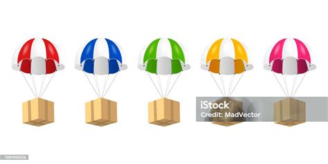 흰색 배경에 격리 된 종이 골판지 상자 아이콘 세트 벡터 3d 사실 낙하산 배달 서비스 포스트 전자 상거래 스포츠 개념 웹 배너 모형을위한 디자인 템플릿 전면 보기 3차원