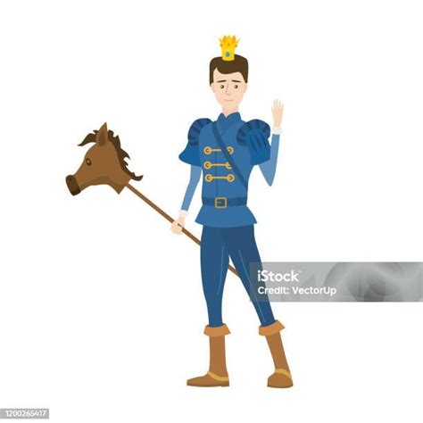 중세 동화 의상과 막대기에 장난감 말 말 왕관을 가진 젊은 왕자 로얄 귀족 캐릭터 벡터 일러스트레이션 격리 말에 대한 스톡 벡터 아트 및 기타 이미지 Istock
