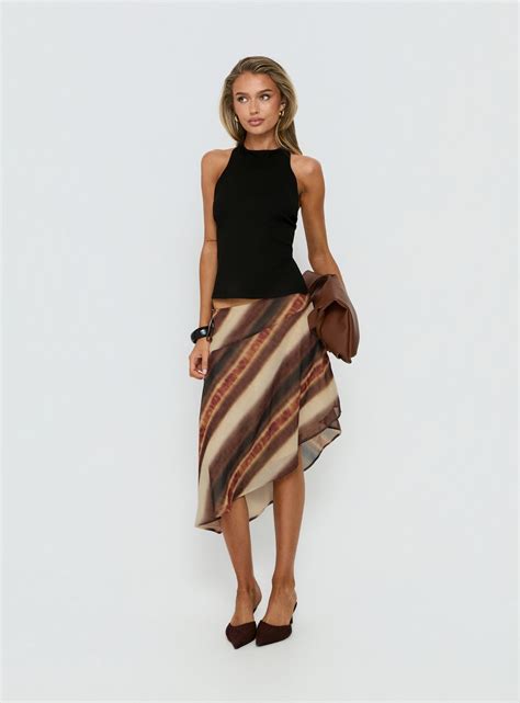 Esmira Asymmetrical Midi Skirt Brown Stripe Princess Polly