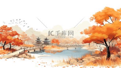 秋季金黄色落叶中国风风景4插画图片 千库网