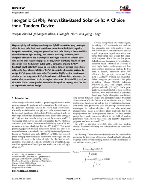 Pdf Inorganic Cspbi3 Perovskite Based Solar Cells A Choice For A