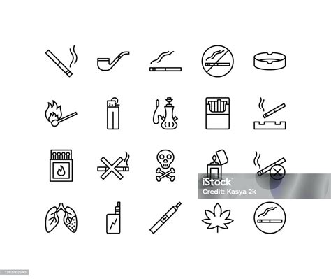 흡연 시가 플랫 라인 아이콘 세트 시가 담배 Vape 탱크 및 담배 웹 사이트 또는 모바일 앱을 위한 간단한 플랫 벡터 일러스트 레이 션 Drug에 대한 스톡 벡터 아트 및