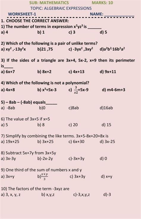 Sub Mathematics Marks 10 Topic Algebraic Expressions Worksheet 1 Name