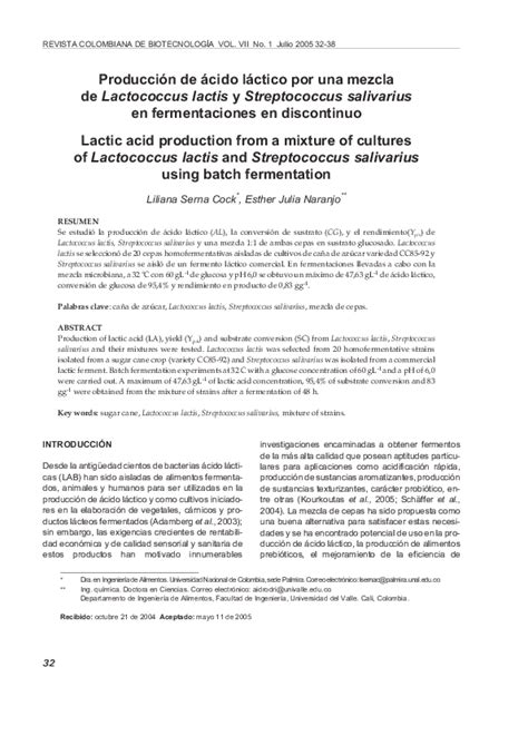 Pdf Lactic Acid Production From A Mixture Of Cultures Of Lactococcus Lactis And Streptococcus