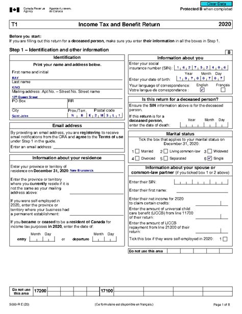 T1 Fillable 2020 R King Protected B When Completed T1 Income Tax