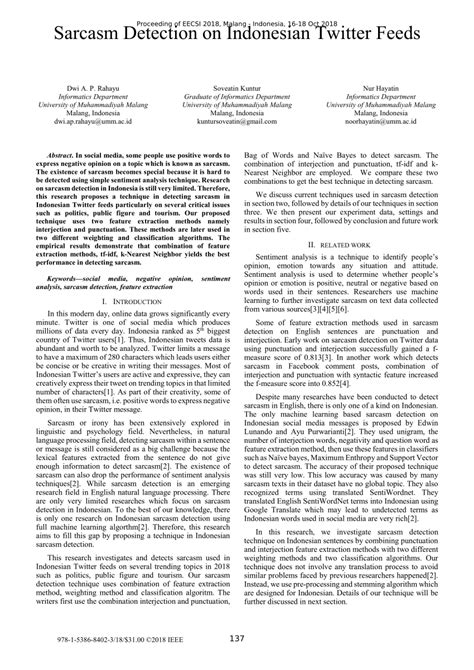 Pdf Sarcasm Detection On Indonesian Twitter Feeds