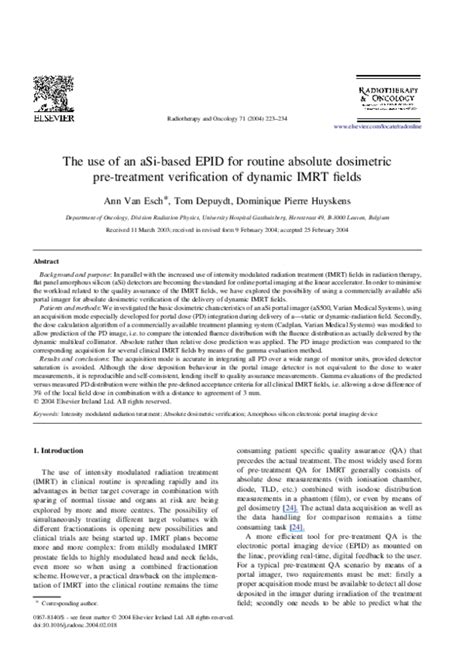 Pdf The Use Of An Asi Based Epid For Routine Absolute Dosimetric Pre Treatment Verification Of