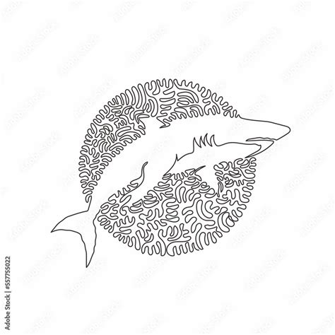 Continuous One Curve Line Drawing Of Scary Shark Abstract Art In Circle Single Line Editable