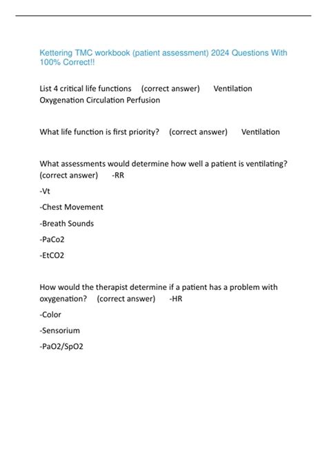 Kettering TMC Workbook Patient Assessment Questions With Correct Kettering TMC