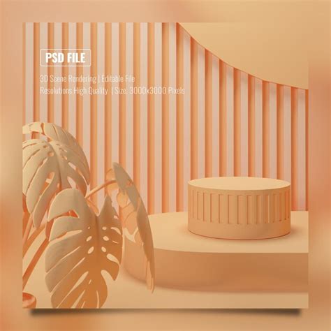 연단 3d 렌더링 클레이 스타일의 디스플레이 제품을 위한 미니멀한 현실적인 열대 잎 모형 프리미엄 Psd 파일