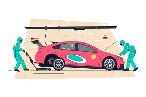 전문 피트 스톱 팀 서비스 남성 캐릭터가 함께 작동합니다 피트 스톱에 대한 스톡 벡터 아트 및 기타 이미지 피트 스톱 차 스포츠 레이스 Istock