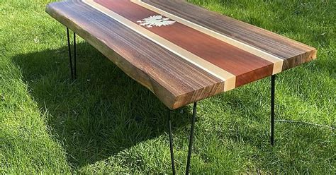 Polish Eagle Inlay Coffee Table With Black Walnut Live Edge Album On