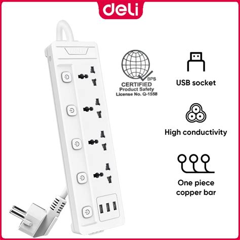 Deli 2m Multi Function Universal Hole Extension Cord Socket With Power Socket 3 Usb Ports
