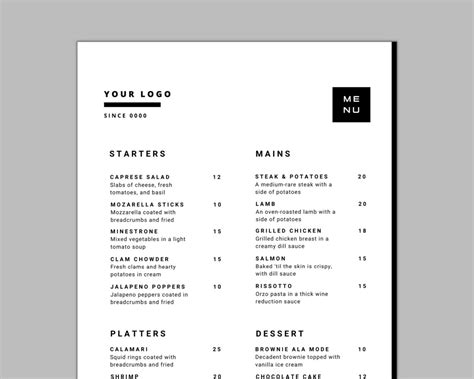 Restaurant Menu Template Editable Food Menu Template Restaurant Food Menu Customizable Food