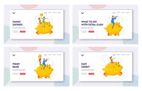 저축 및 재무 관리 랜딩 페이지 템플릿 세트 돼지 저금통 그림을 타고 있는 남성과 여성 캐릭터 동전에 대한 스톡 벡터 아트 및