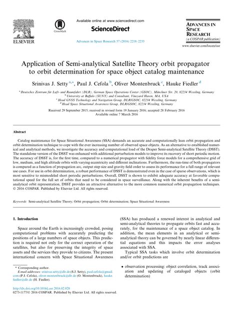 Pdf Application Of Semi Analytical Satellite Theory Orbit Propagator To Orbit Determination
