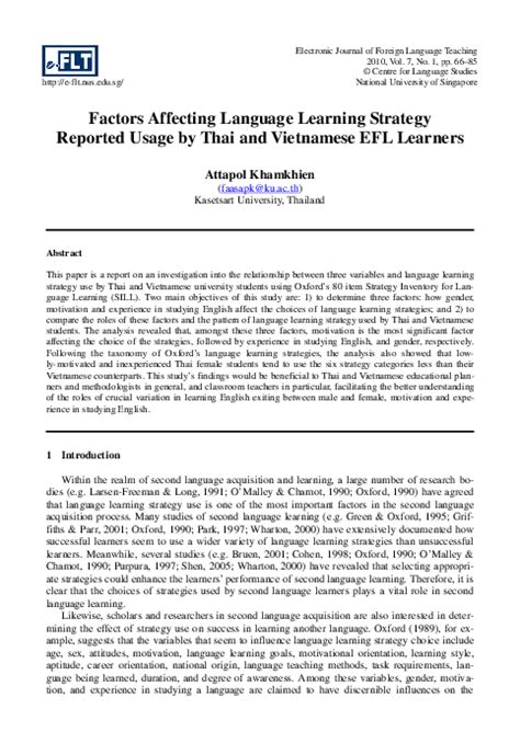 Pdf Factors Affecting Language Learning Strategy Reported Usage By Thai And Vietnamese Efl