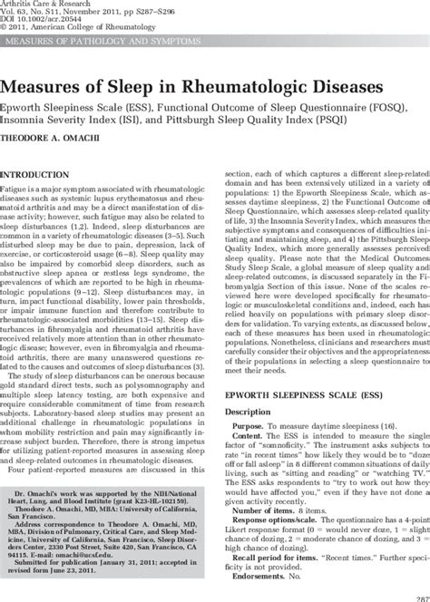 Measures Of Sleep In Rheumatologic Diseases Epworth Sleepiness Scale Ess Functional Outcome