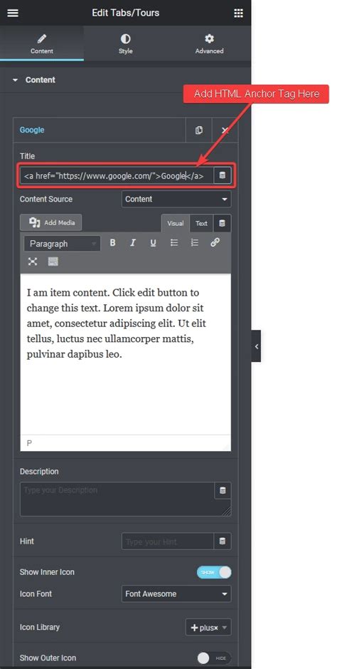 how to add links to tab title in elementor the plus addons for elementor