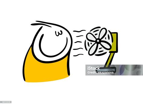 재밌는 스틱맨은 시원한 공기의 흐름 아래에 얼굴을 넣었습니다 벡터 일러스트 레이 션 팬이 달리고 있고 소년은 시원함을 즐기고 있으며 머리카락은 바람에 발달하고 있습니다