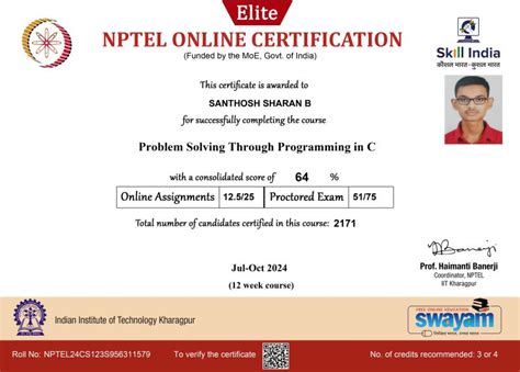 Santhosh Sharan B On Linkedin Nptel Certification Programming Problemsolving Cprogramming