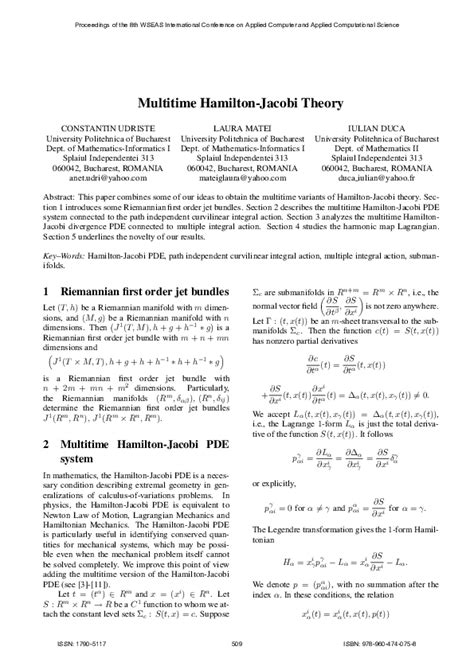 Pdf Multitime Hamilton Jacobi Theory Constantin Udrişte
