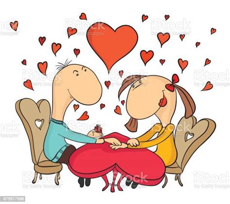 로맨틱 데이트 부부 테이블에 앉는 다 남자는 그의 사랑 선물을 제공합니다 벡터 일러스트 레이 션 흰색 절연 2명에 대한 스톡 벡터 아트 및 기타 이미지 Istock