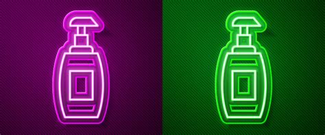 보라색과 녹색 배경에 분리 디스펜서 아이콘 액체 항균 비누의 빛나는 네온 라인 병 살 균 소독 위생 스킨 케어 벡터 건강관리와 의술에 대한 스톡 벡터 아트 및 기타 이미지