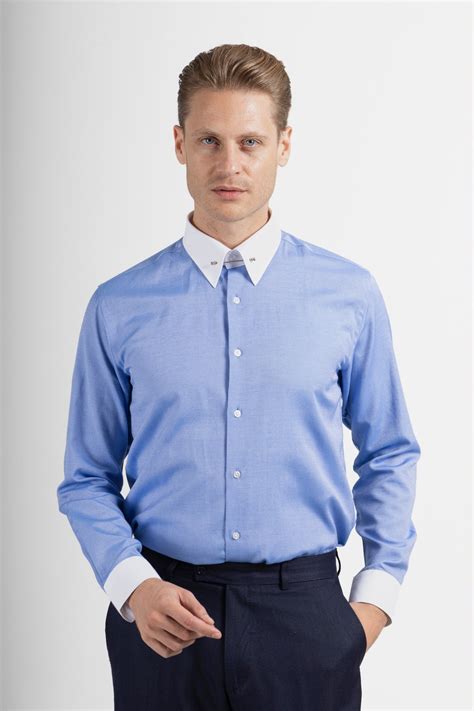 Royal Blue Oxford Pin Collar Long Sleeve Dress Shirts For Men Mens