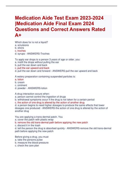 Medication Aide Test Exam Medication Aide Final Exam 2024 Questions And Correct Answers Rated