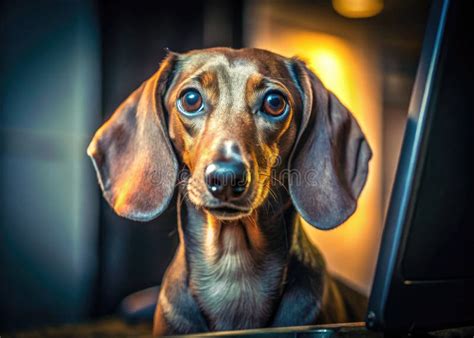 a furry cyber security expert a dachshund hacker in a dark room closeup