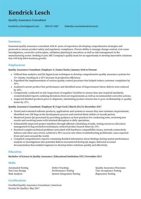 Quality Assurance Consultant Resume Cv Example And Writing Guide