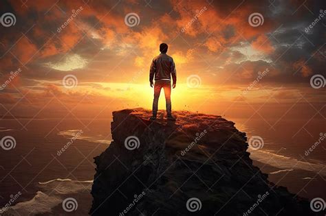 мужчина стоит на краю обрыва и смотрит на закат задним видом человека стоящего на вершине