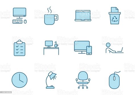 흰색 배경에서 격리된 두 색상의 작업 영역 선형 벡터 아이콘입니다 웹 디자인 Ui 모바일 앱 및 인쇄를 위한 작업 공간 파란색 아이콘 세트 계획에 대한 스톡 벡터 아트 및