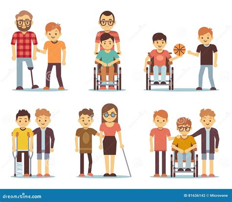 Disabled People And Friends Helping Them Vector Set Stock Vector