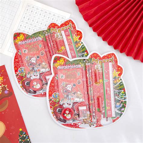 크리스마스 문구 귀여운 만화 연필 지우개 눈금자 연필 깎이 노트북 키트 학교 문구 어린이 선물 8 개세트 수공예품 및 바느질