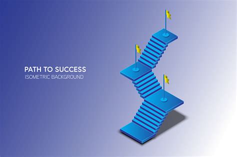파란색 배경에 성공으로 가는 길의 개념입니다 등각 투영 스타일로 계단을 올라갑니다 디지털 경로 추상 벡터 그림 3차원 형태에