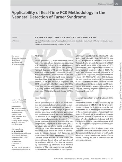 Pdf Applicability Of Real Time Pcr Methodology In The Neonatal Detection Of Turner Syndrome