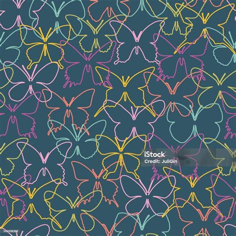 어두운 배경에 여러 가지 색의 윤곽선 나비의 원활한 패턴 벡터 일러스트 레이 션 곤충에 대한 스톡 벡터 아트 및 기타 이미지