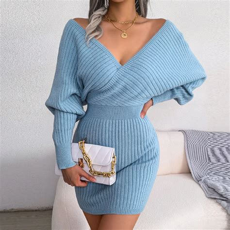 여성용 미니 드레스 2022 섹시 크로스 브이넥 단색 리프트 힙 이브닝 파티 드레스 긴팔 스커트 스웨터 드레스 신상